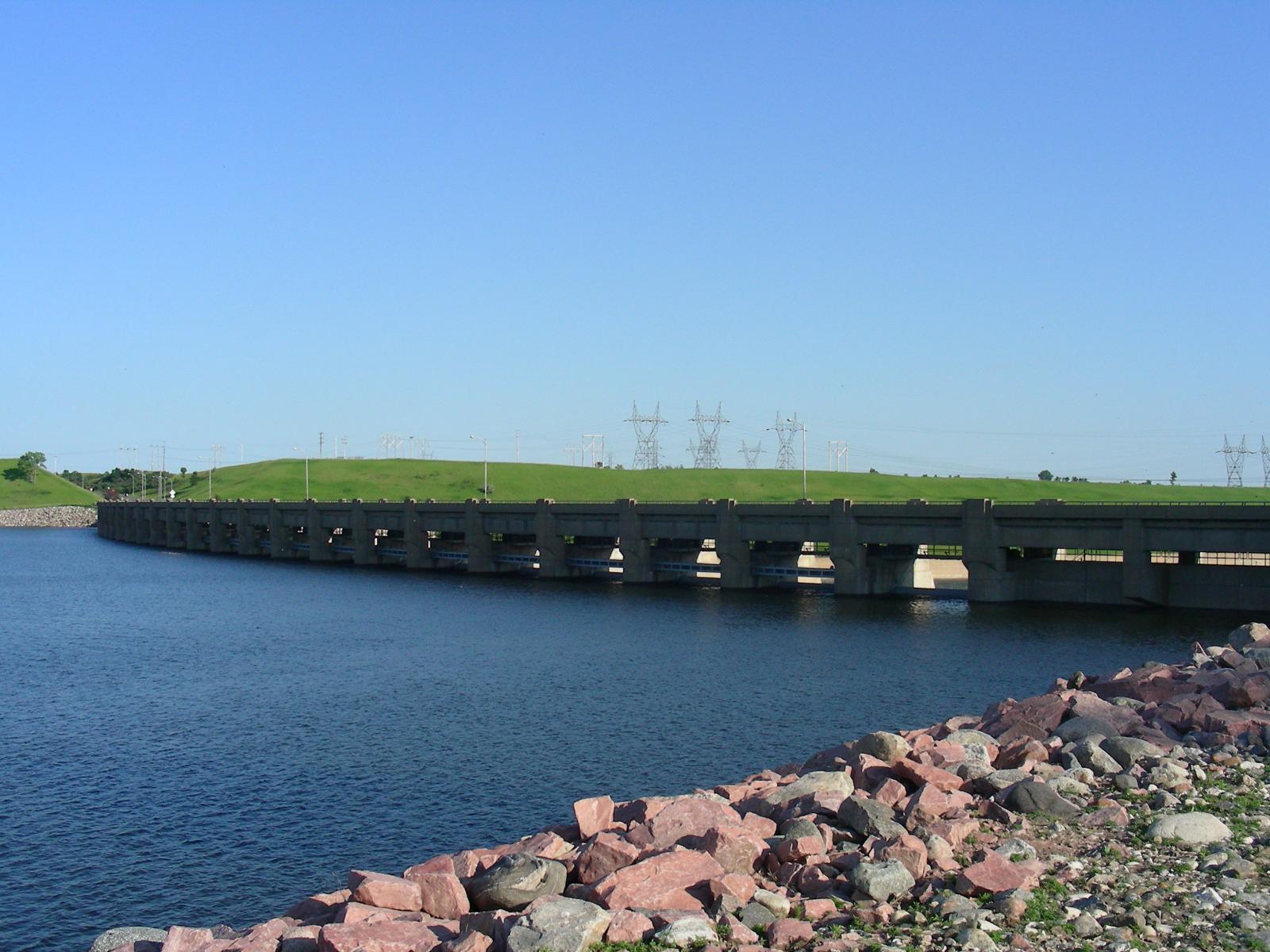 Lake side view of open Garrison dam spill way gates due to record ...
